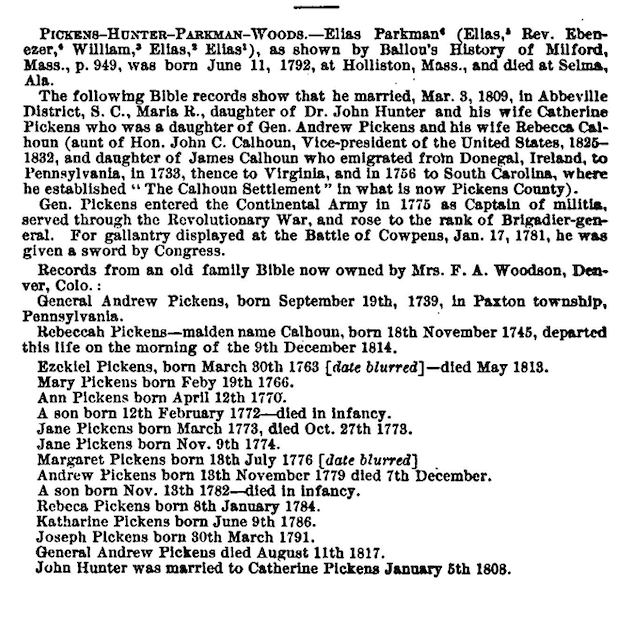 Children of Andrew Pickens and Rebecca Calhoun: Mary (Harris), Ezekiel ...